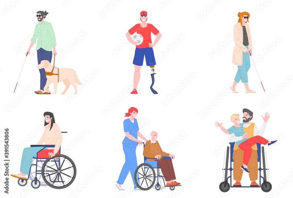 Collection of disabled people, cartoon characters with prosthesis ...
