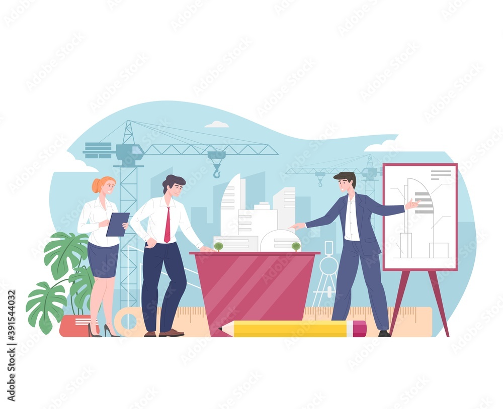 Architect, construction engineer, building industry vector cartoon ...
