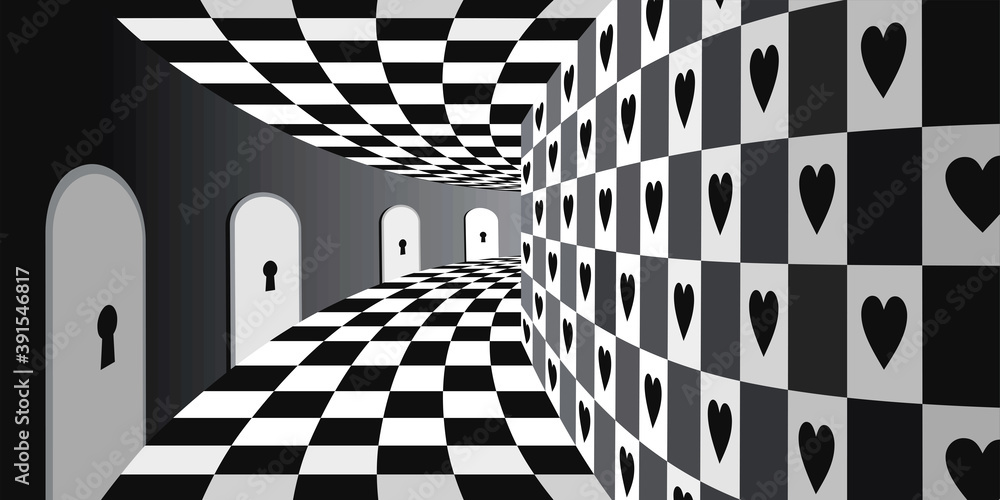 Wonderland background: magical room with chessboard floor and many ...