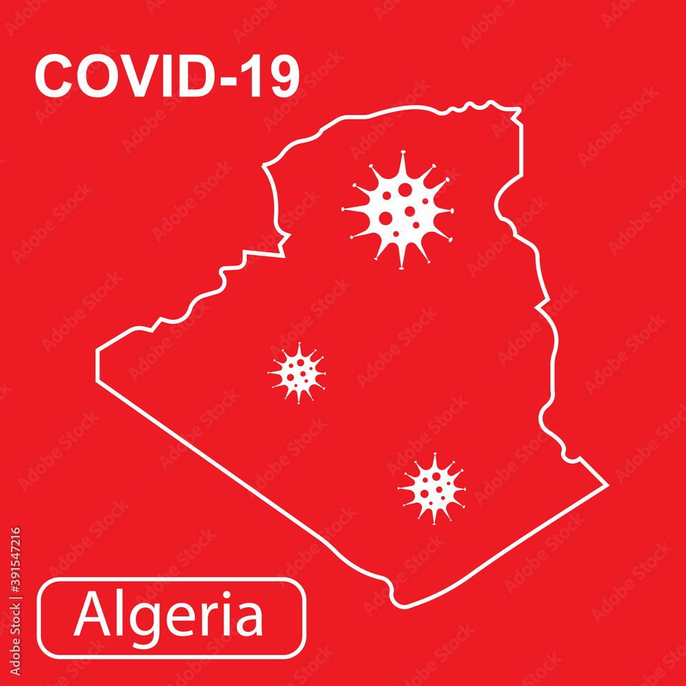 Map of Algeria labeled "COVID-19". White outline map on a red ...