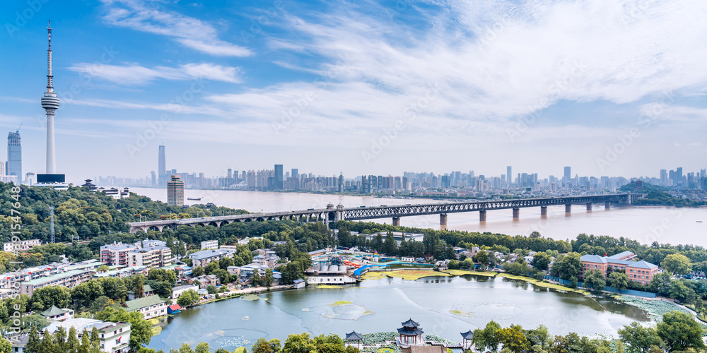 Sunny day scenery of Guishan TV Tower and Yangtze River Bridge in Wuhan ...