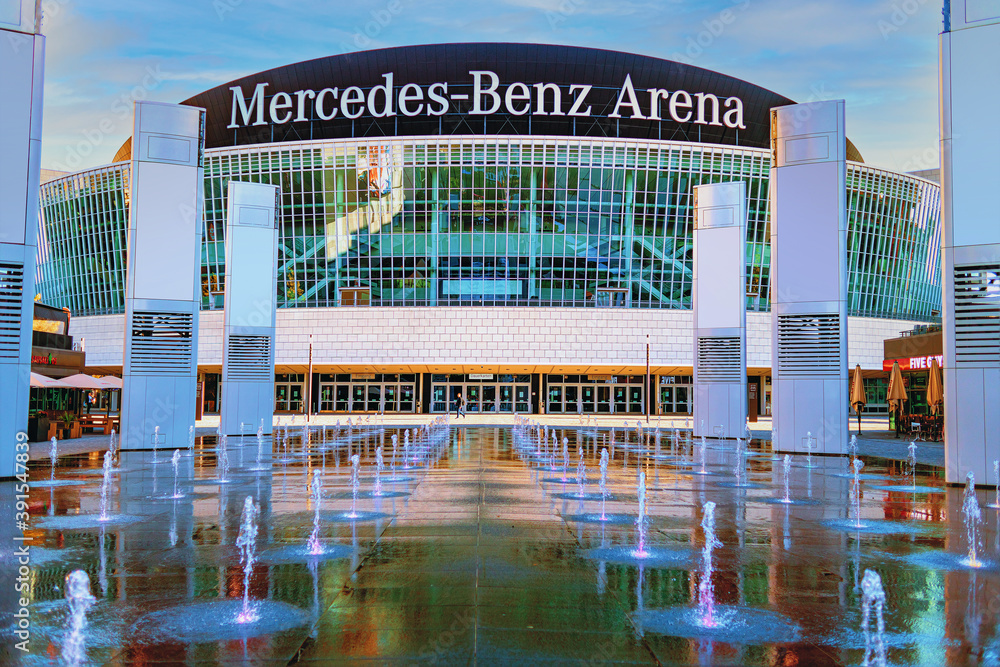 BERLIN, GER - OCTOBER 06, 2020: Front side of the Mercedes-Benz Arena ...