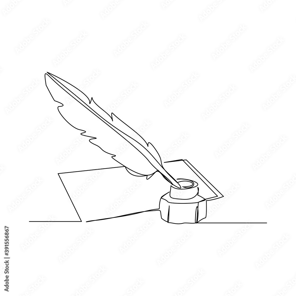 Continuous line drawing of quill pen ink and paper. One line art ...