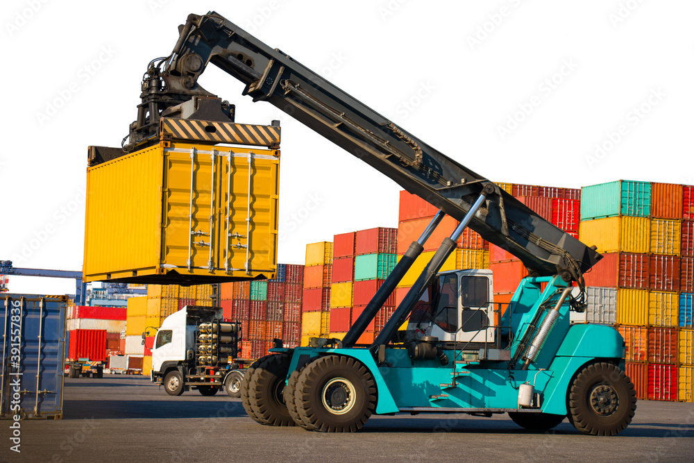 blue reach stacker transport cargo container parking with clipping path ...