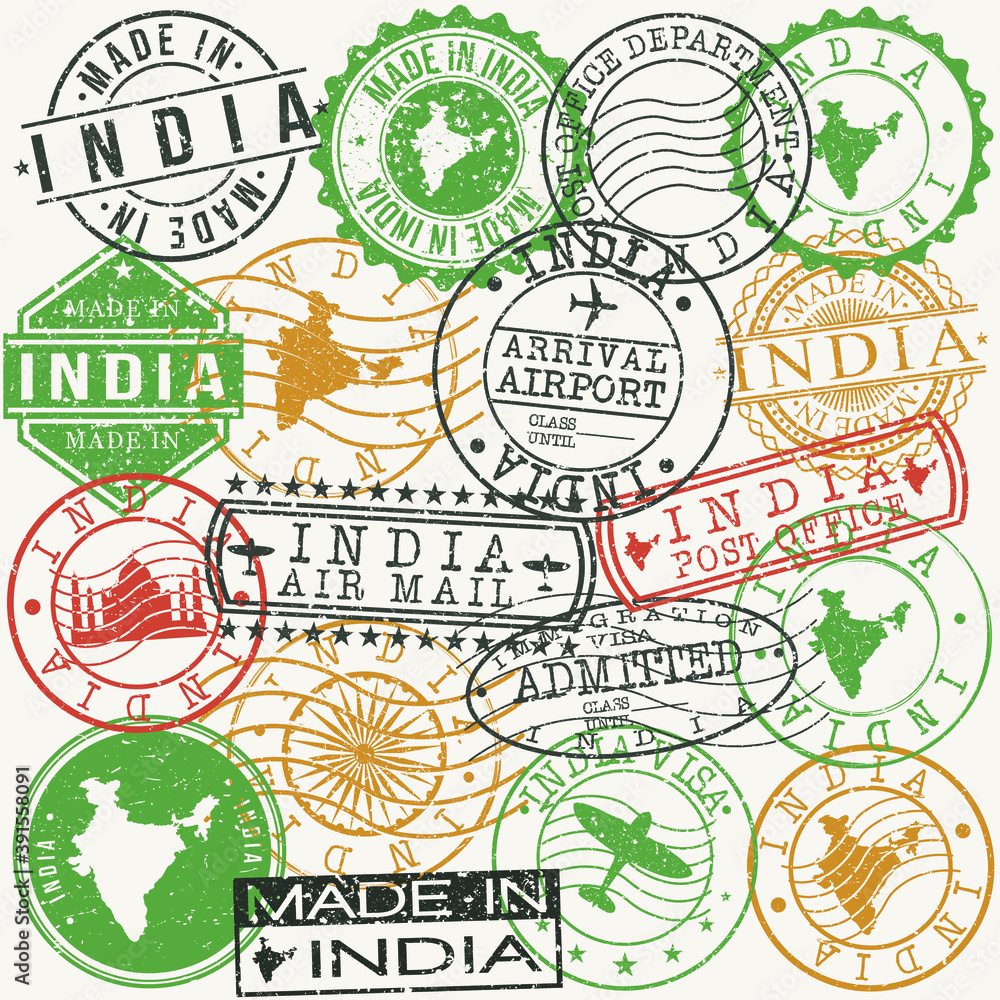 India Set of Stamps. Travel Passport Stamp. Made In Product. Design ...