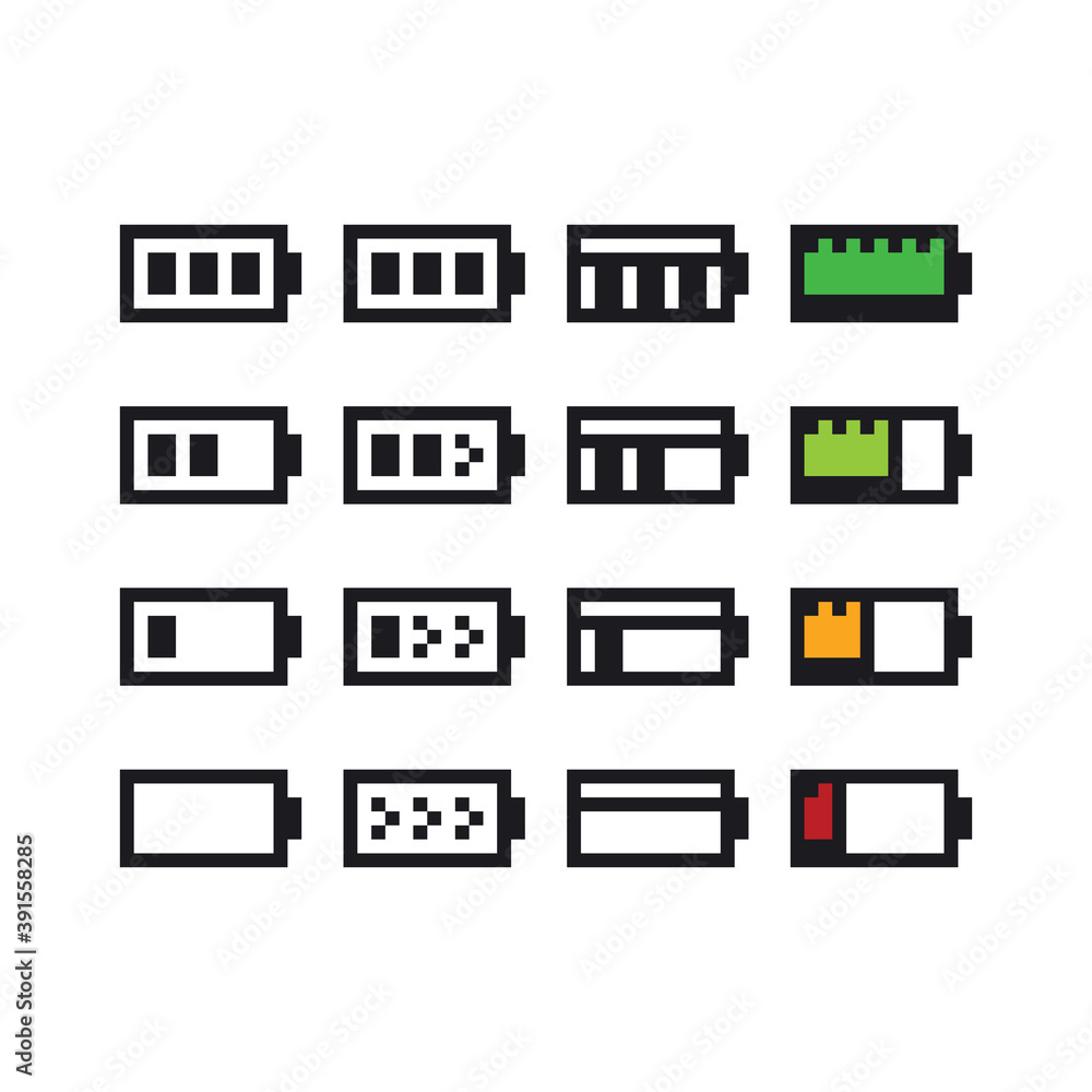 Vector pixel art icon set - 8 bit retro illustration of battery ...