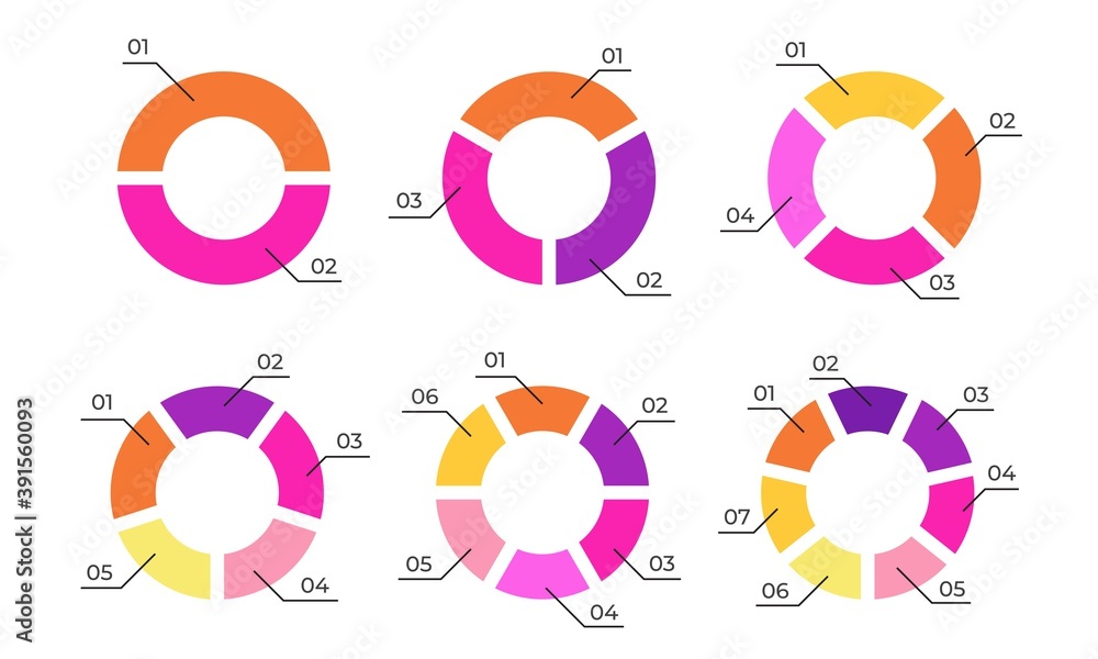 Colorful pie or donut charts with steps. Circular diagrams of financial ...