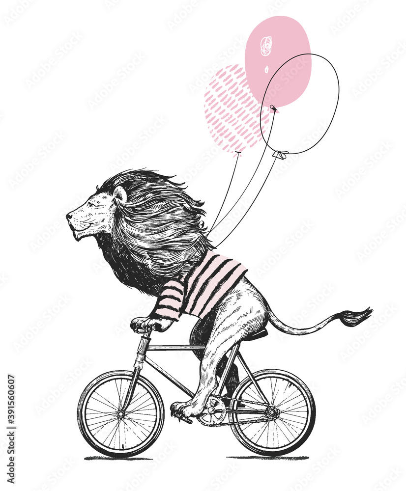 Cool Lion Wearing Stripped T-shirt Rides Bicycle with Balloons Vector ...
