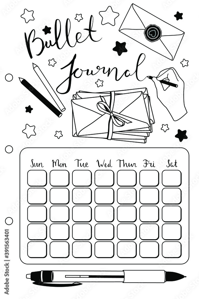 Сoloring page for coloring book in black and white. Bullet journal ...