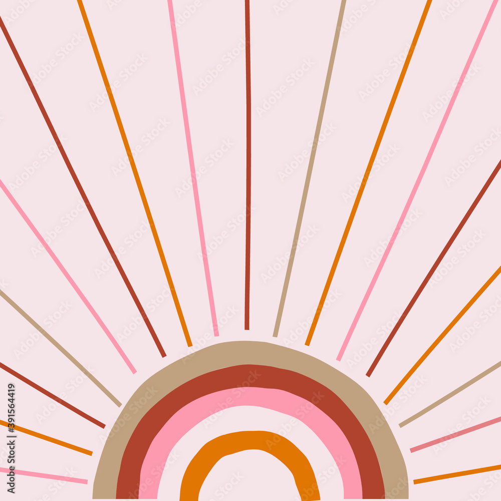 Boho magic rainbow sun and rays background. Trendy abstract geometric ...