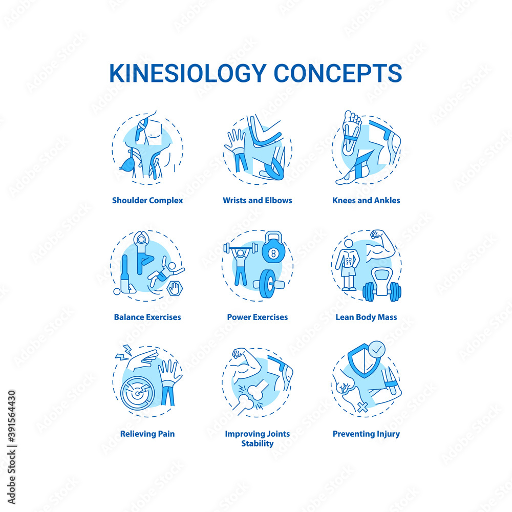 Kinesiology concept turquoise icons set. Aerobics exercise. Sports ...