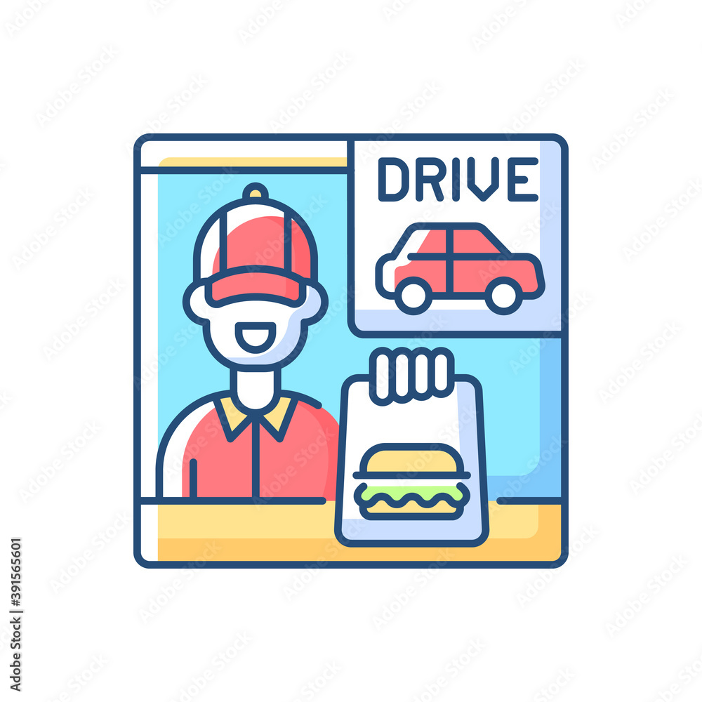 Drive through window RGB color icon. Fast food order takeaway ...
