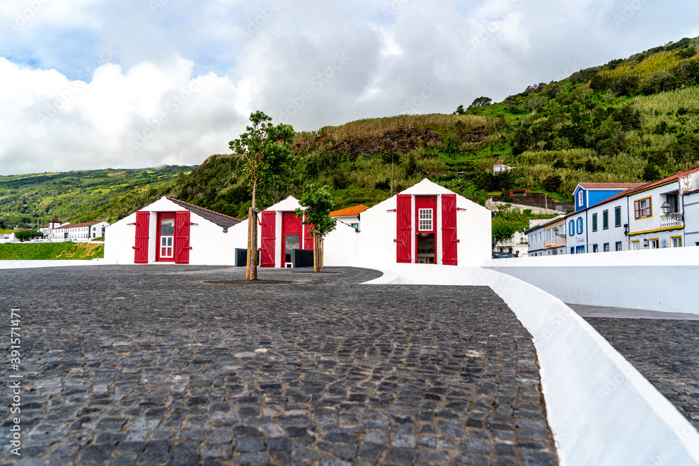 Azores, Island of Pico. Typical Azorean houses in the port of Lajes ...