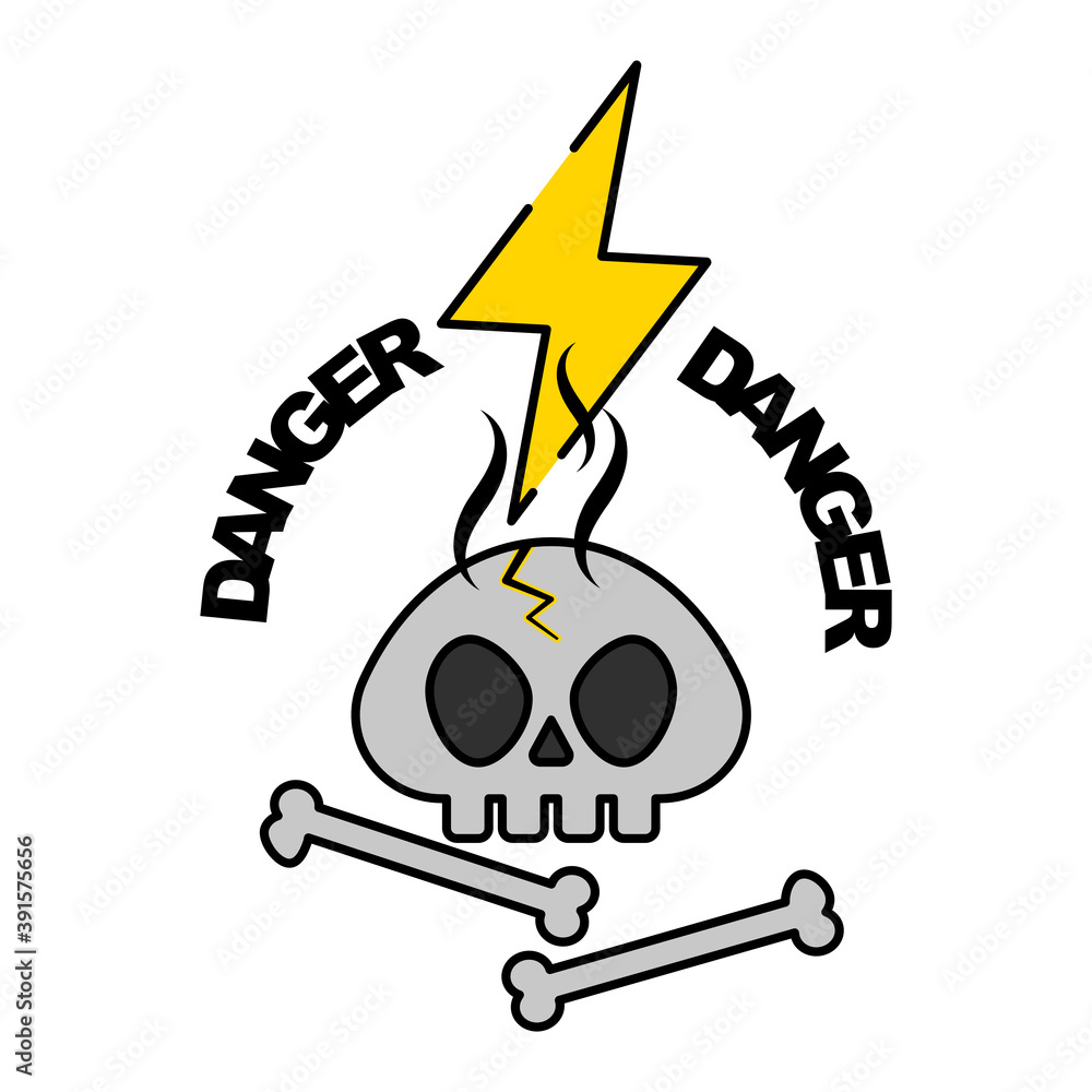 Human skull and bones with Lightning bolt sign. High electric voltage ...