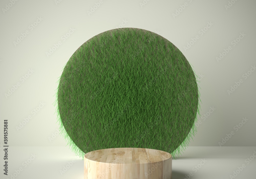 green grass cylinder background with wood podium on a white background ...