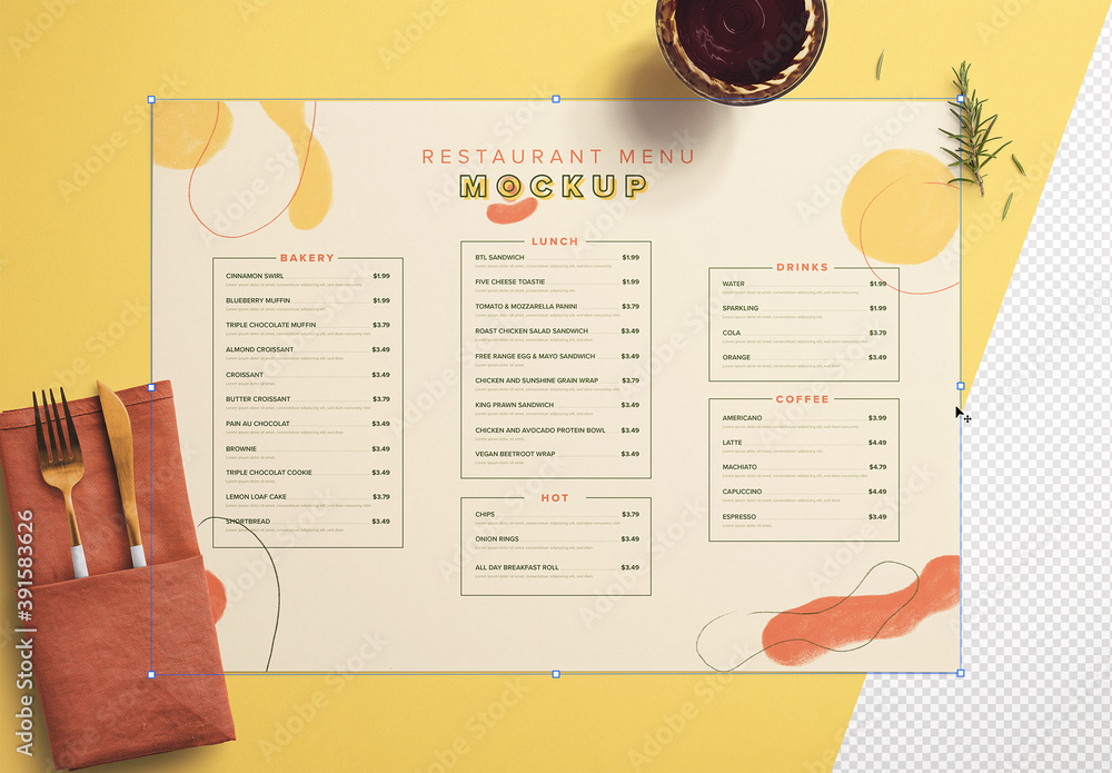 Table Large Menu with Cutleries, Napkin, Drink, and Herbs Stock ...