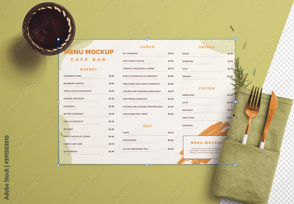 Table Menu with Cutleries, Napkin, Drink, and Herbs Stock Template ...