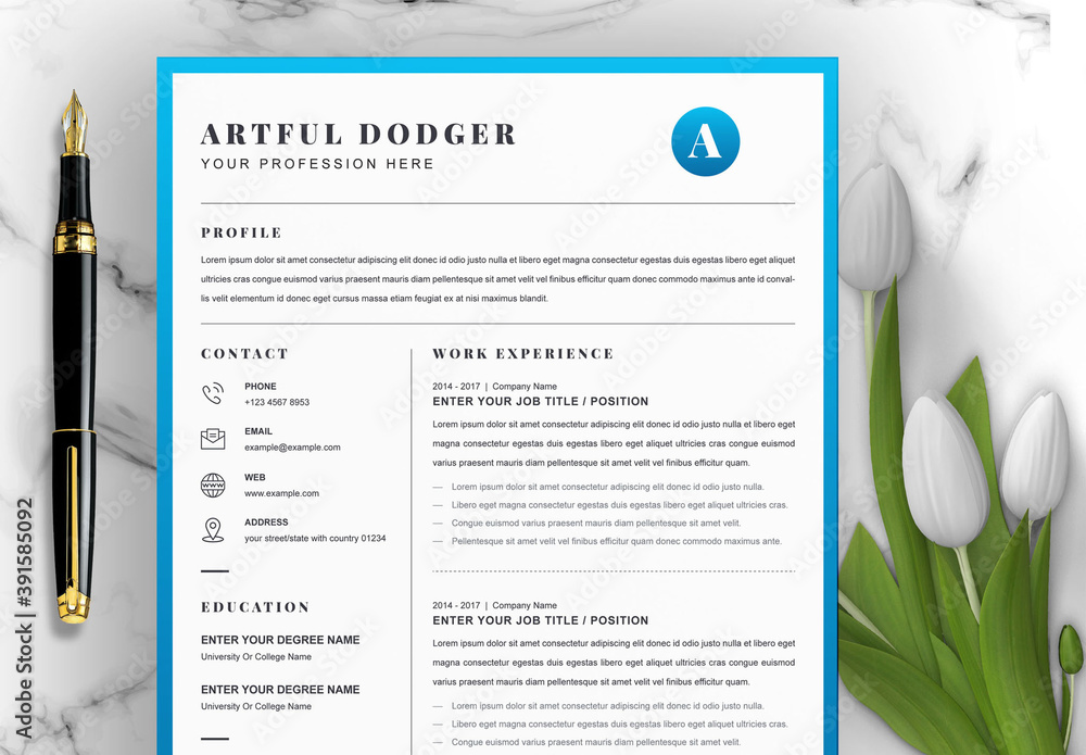 Resume Layout with Sky Blue Broder Stock Template | Adobe Stock