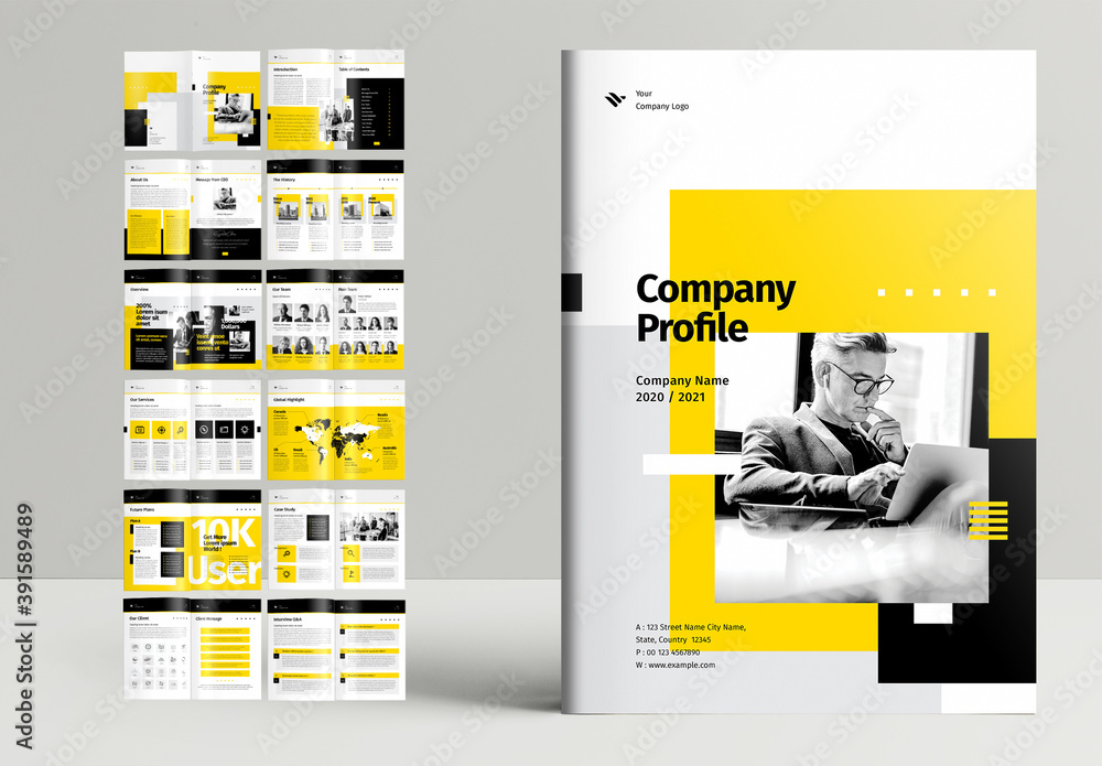 Company Profile Booklet Layout with Yellow Accents Stock Template ...