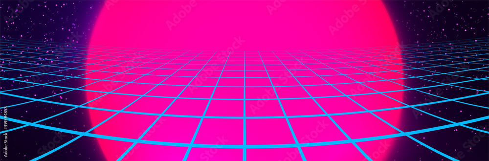 Synthwave background. 80s retro sun with grid. Wide retrowave vector ...