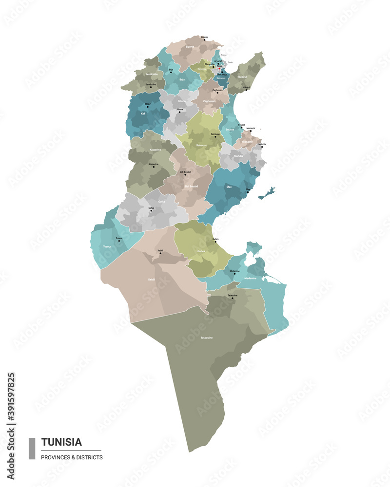 Tunisia higt detailed map with subdivisions. Administrative map of ...