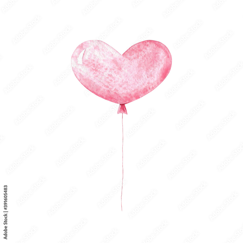 Watercolor hand drawn pink heart shaped balloon isolated in white ...