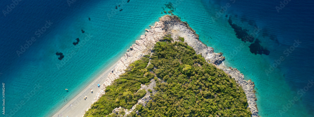 Aerial drone ultra wide panoramic photo of paradise sandy beach of ...
