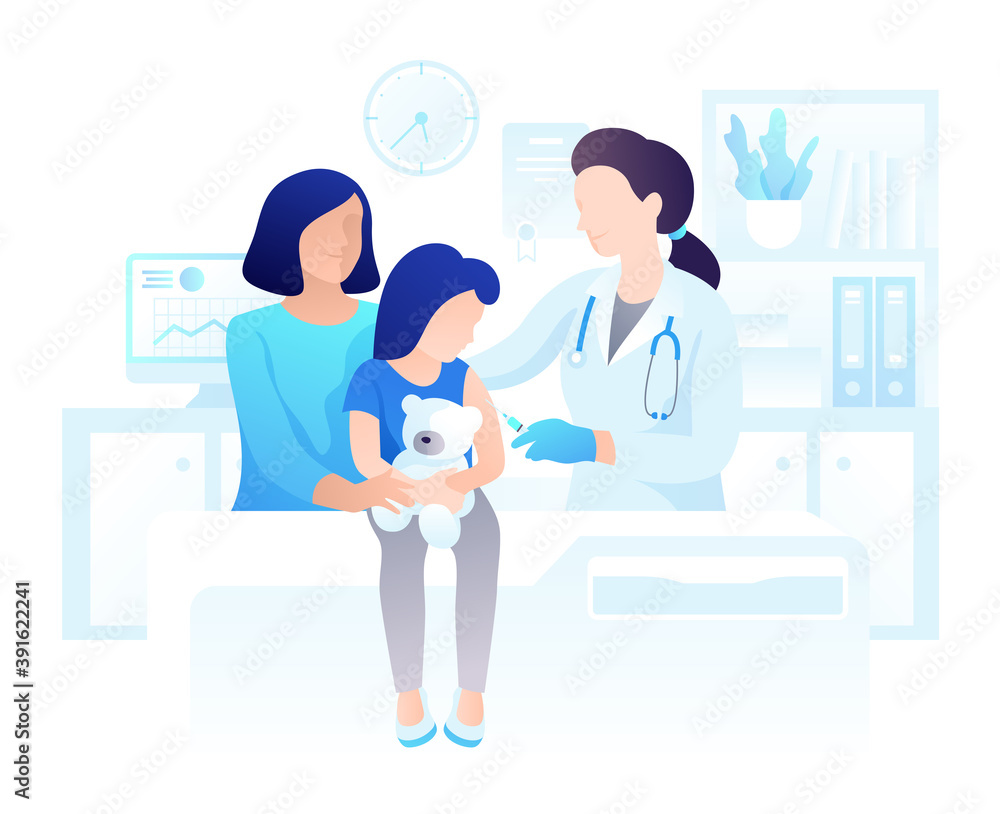 Female doctor making injection to little girl with mother in medical ...