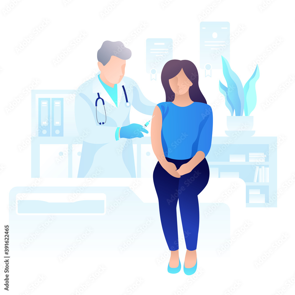 Male doctor making injection to female patient in medical office or ...