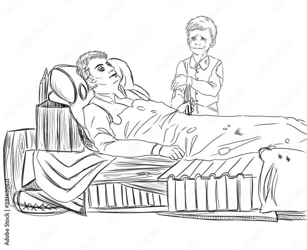 Black and white illustration of a dying man on a bed of trash giving ...