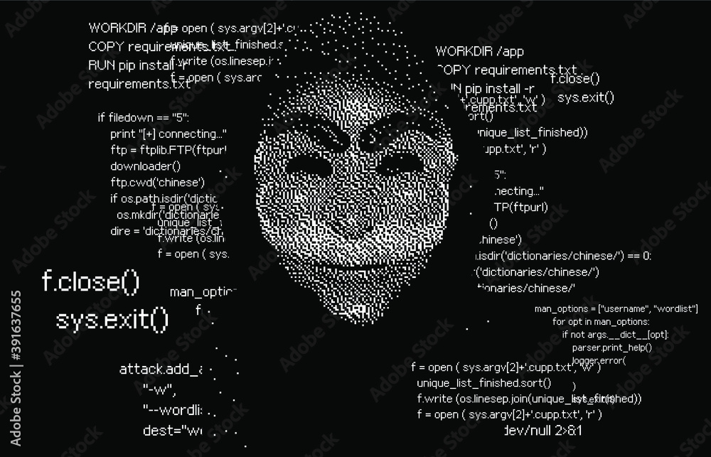 Computer hacker in hoodie and mask. Human head with pixelated face ...