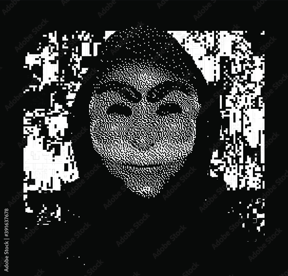 Computer hacker in hoodie and mask. Human head with pixelated face ...