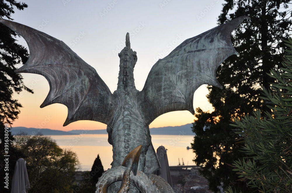 Rijeka, Croatia November 2020. Head of the obelisk statue inside Trsat ...