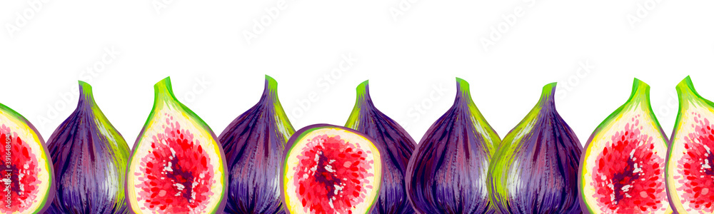 Seamless border of hand-drawn gouache fruits. Figs. Stock Illustration ...