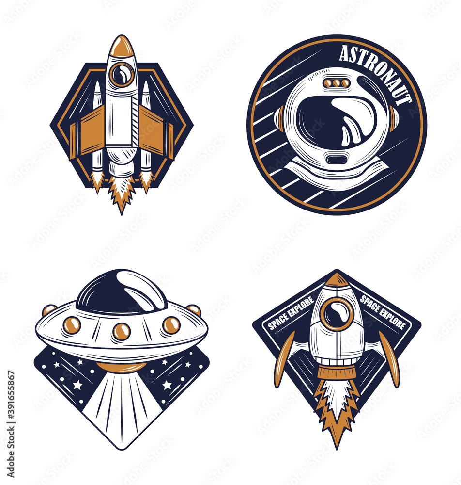 space explorer astronaut helmet, UFO and spaceship design badge icons ...