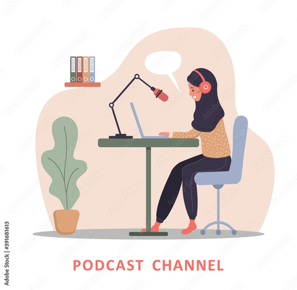 Podcast concept. Islamic and african women in headphones at table ...