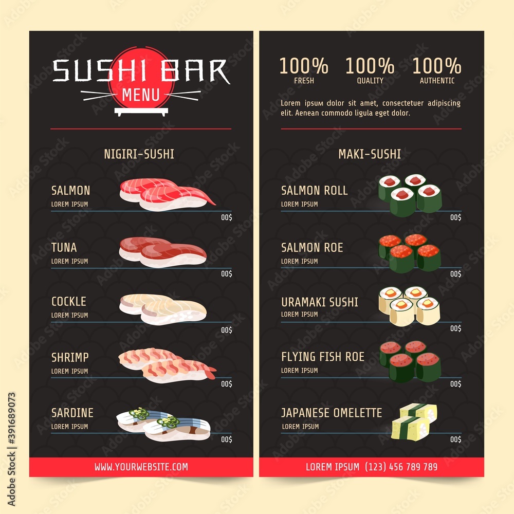 Sushi menu, sushi bar. Japanese cuisine or Asian restaurant. Restaurant ...