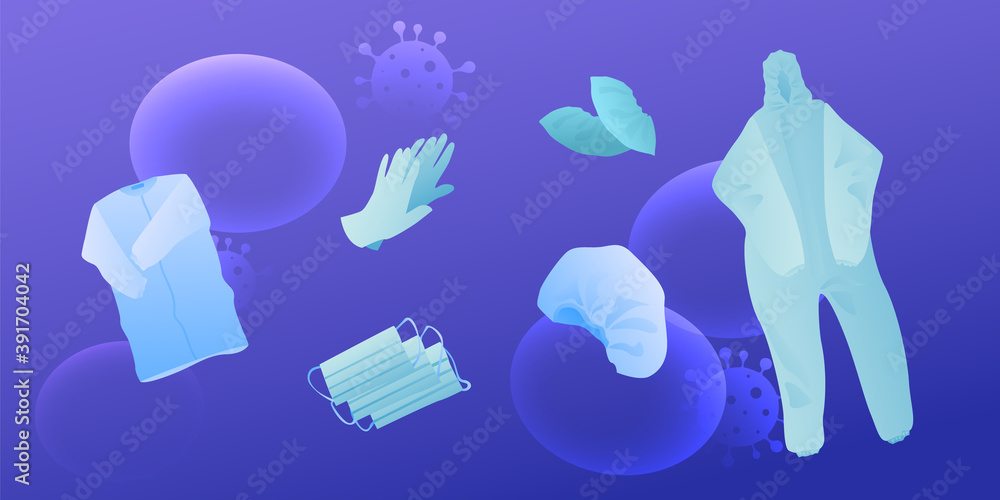 Personal protective equipment on a bright blue background. Disposable ...