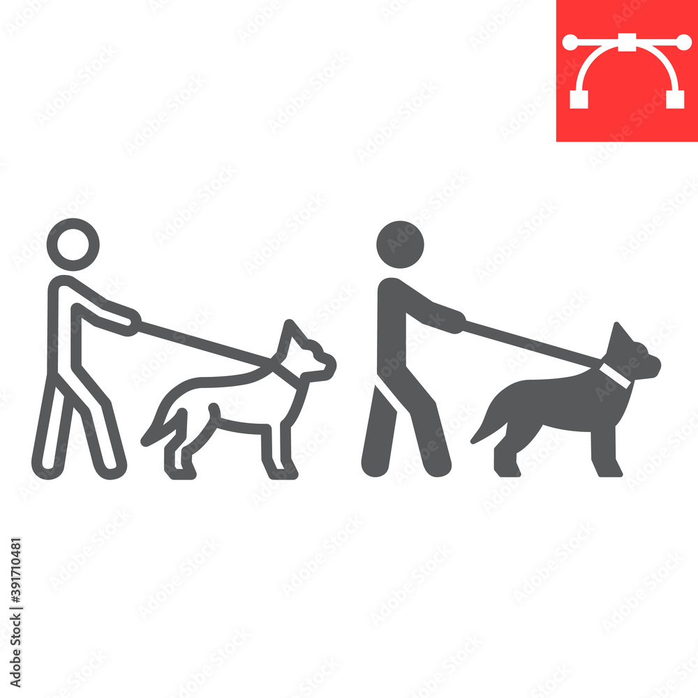 Blind man with guide dog line and glyph icon, disability and pet, blind ...