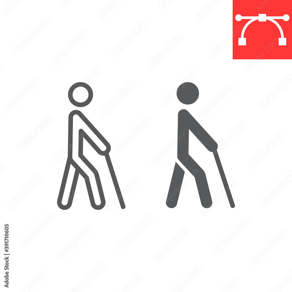 Blind man with walking stick line and glyph icon, disability and ...