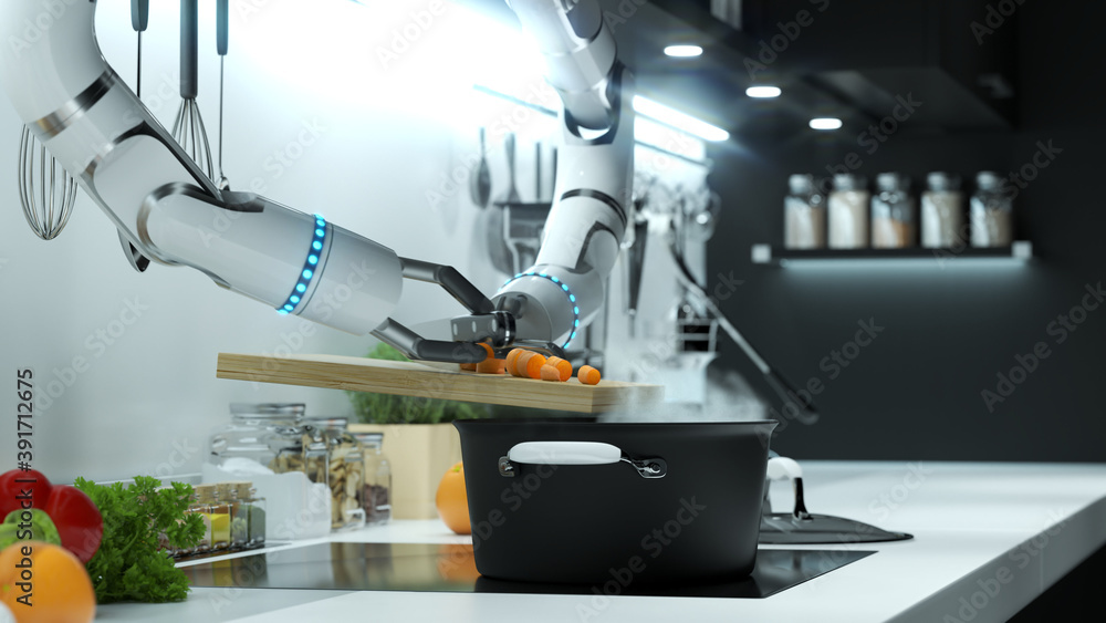 Robot hand prepares soup in a modern kitchen. Dumping the mark into ...