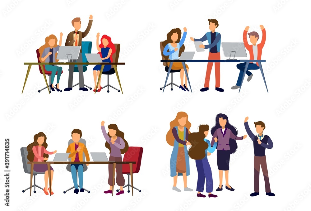 Sets of scenes at office. teamwork in process of creating something ...