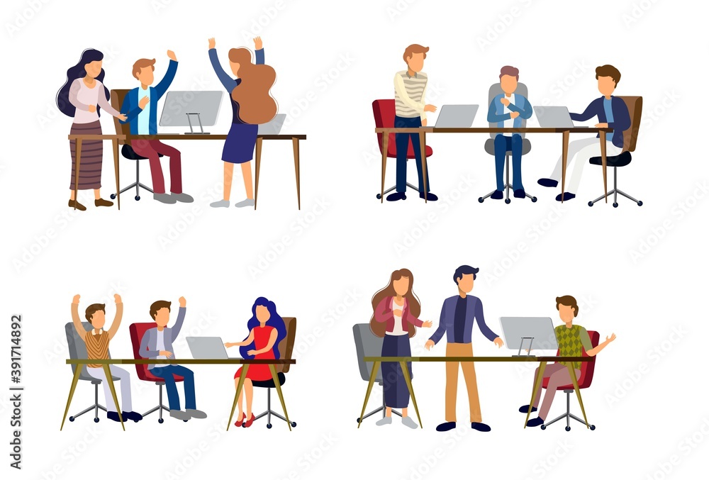 Sets of scenes at office. teamwork in process of creating something ...