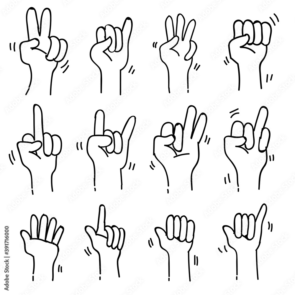 sets of Sign Language Theme Doodle Collection In White Isolated ...