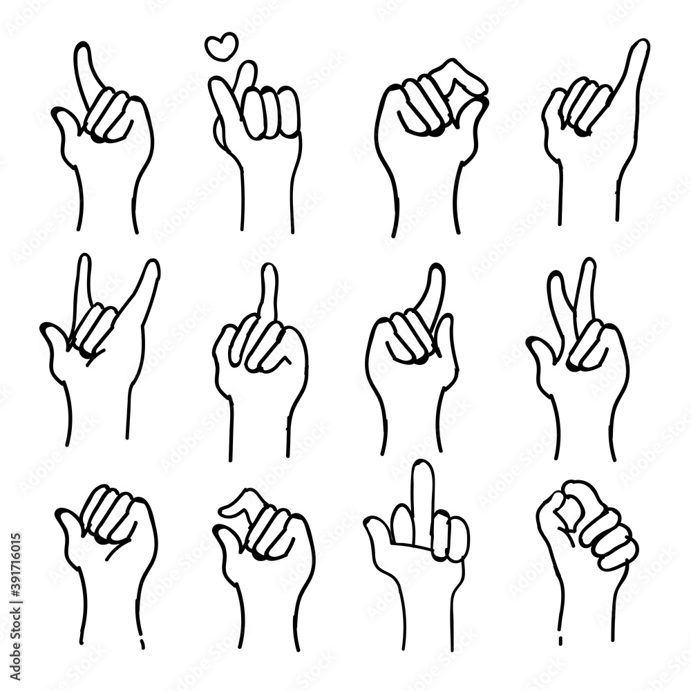sets of Sign Language Theme Doodle Collection In White Isolated ...