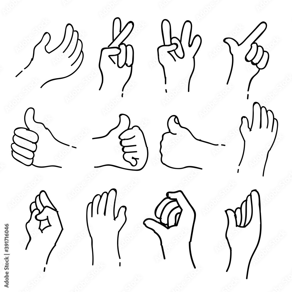 sets of Sign Language Theme Doodle Collection In White Isolated ...