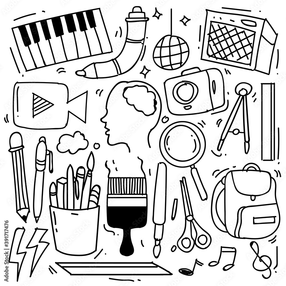 Hand drawn of creativity in doodle style isolated on white background ...