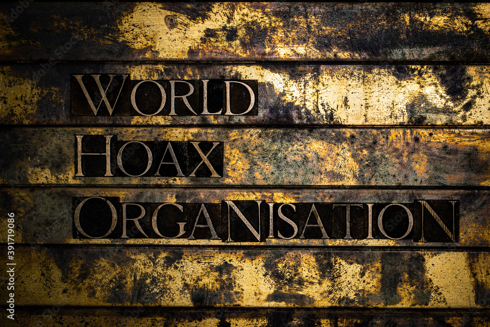 World Hoax Organisation text message on textured grunge copper and ...