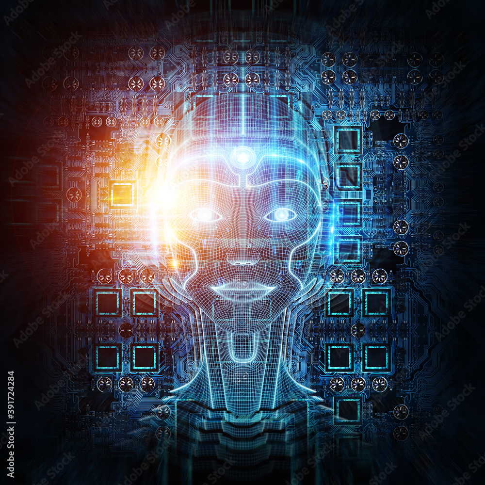 Robot cyborg head artificial intelligence learning 3D rendering Stock ...