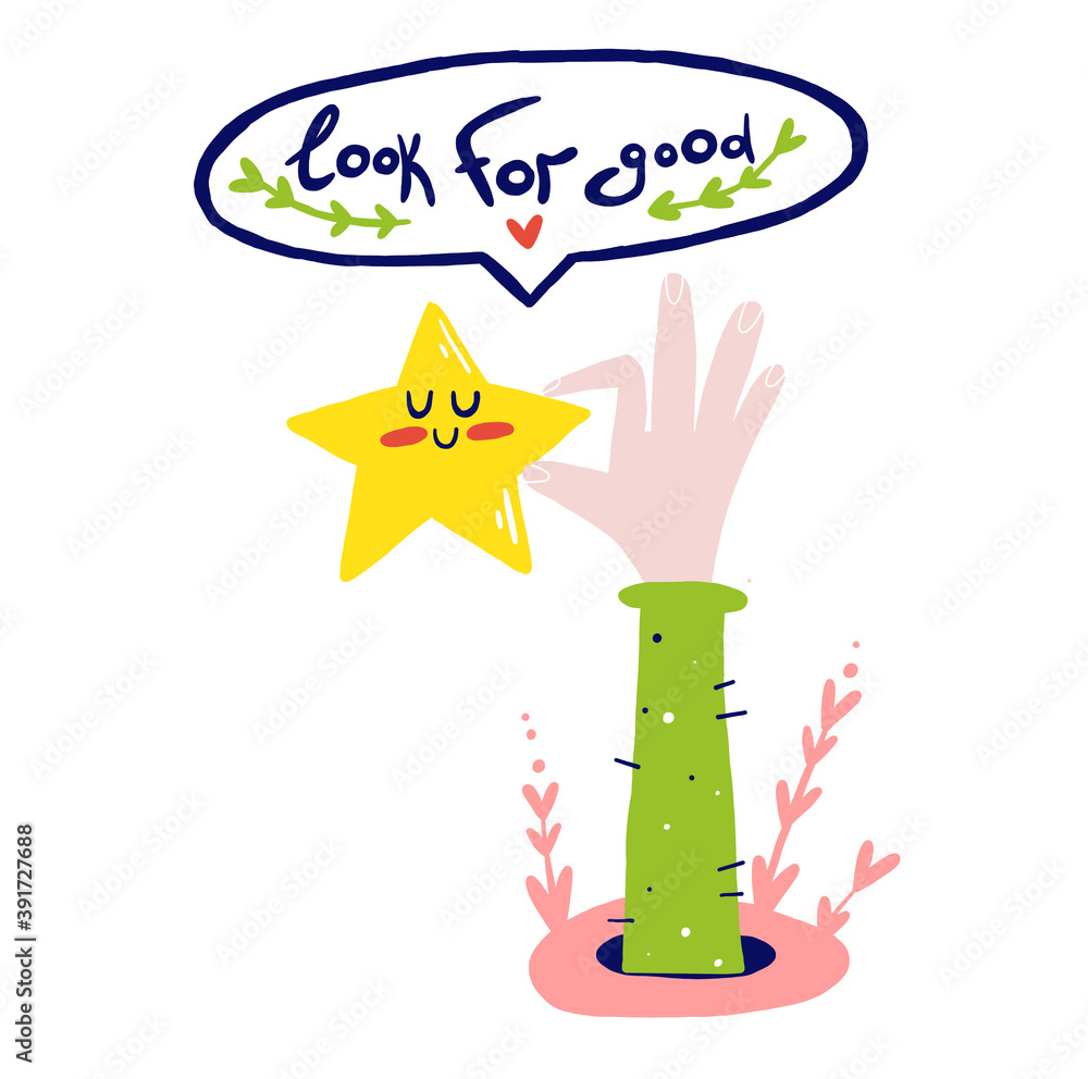 Vector doodle illustration with speech cloud look good, star, hand and ...